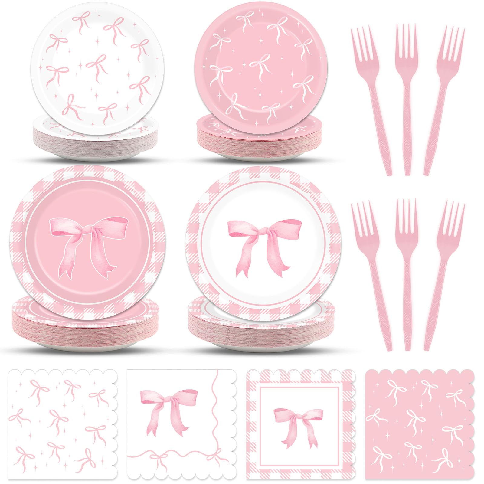 Amazon.com: 96pcs Pink Bow Party Supplies Bow Birthday Party Plates and ...