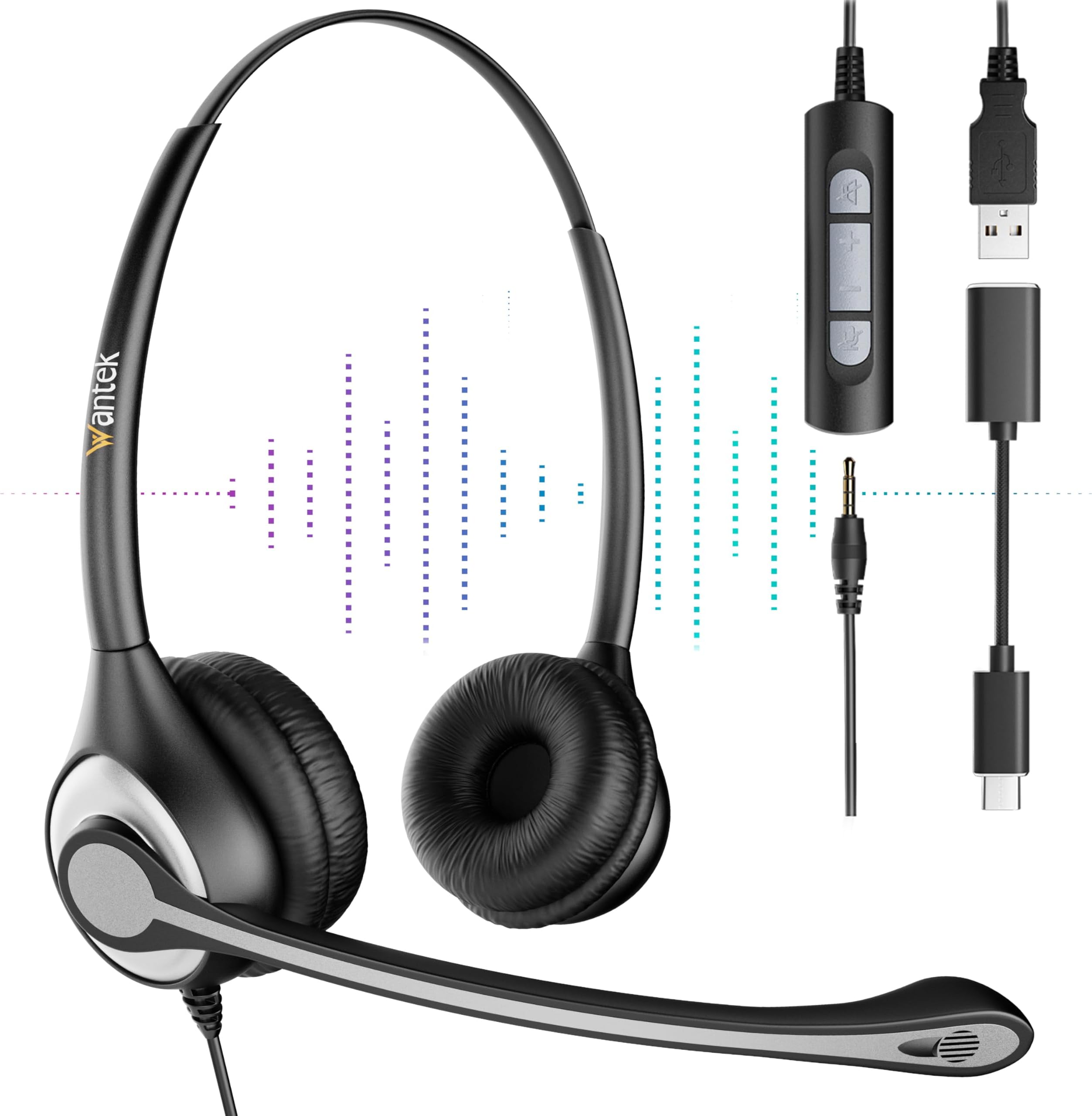 Wantek avec Microphone Casque 602F, 3,5 mm/USB/Type-C Casque avec ...