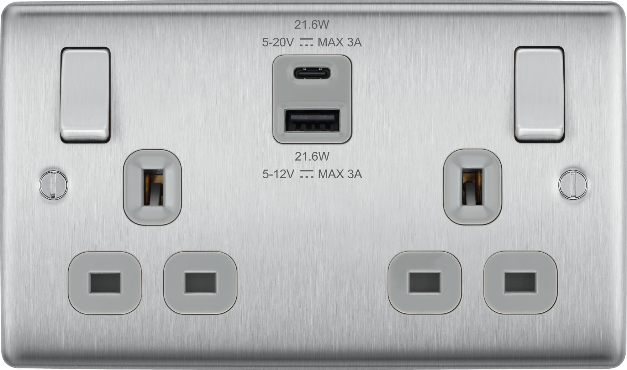 BG Brushed Steel Double Socket with USB 22W Type A & Type C USB ...