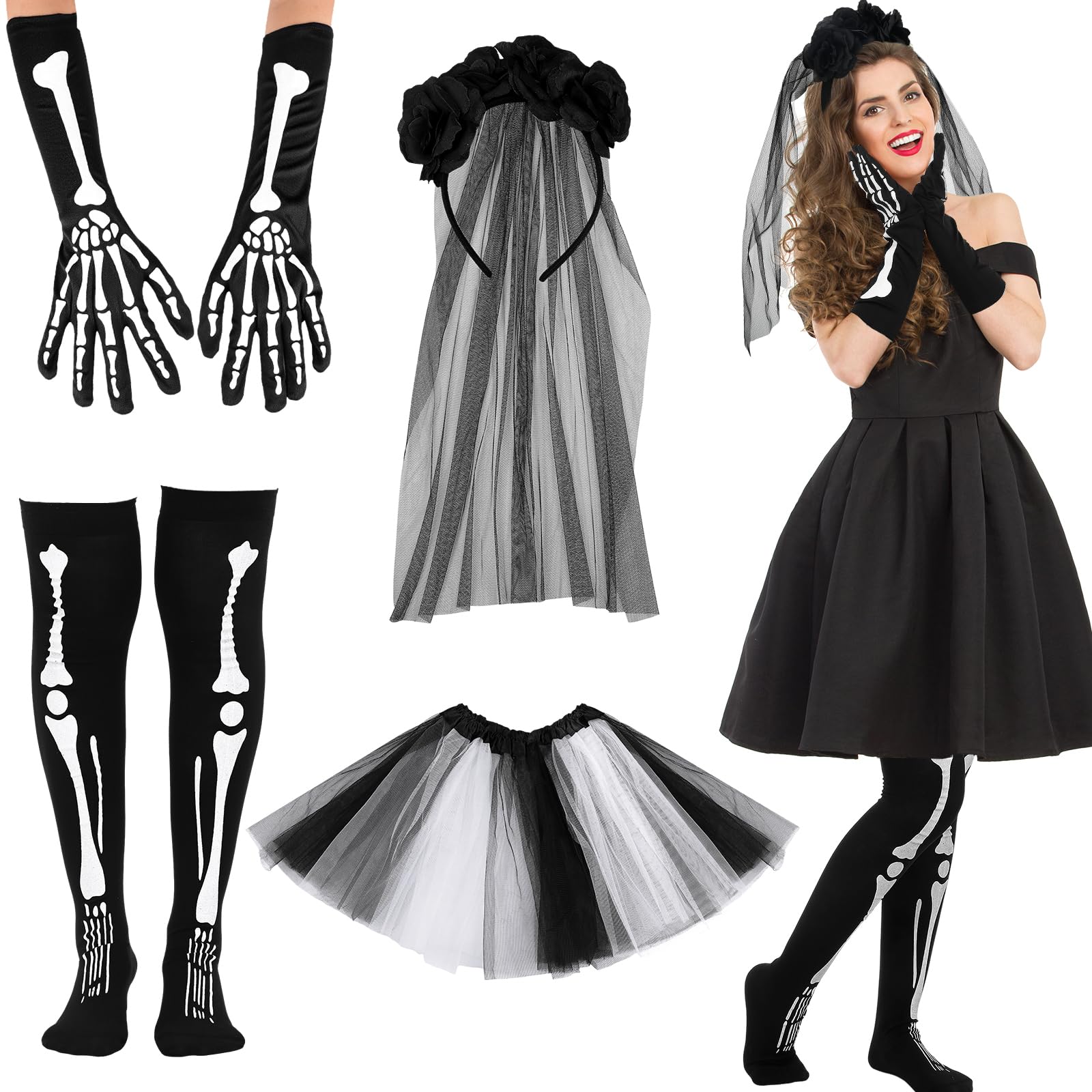 Hicarer 4 Pcs Halloween Day of the Dead Costume Set Women Include ...