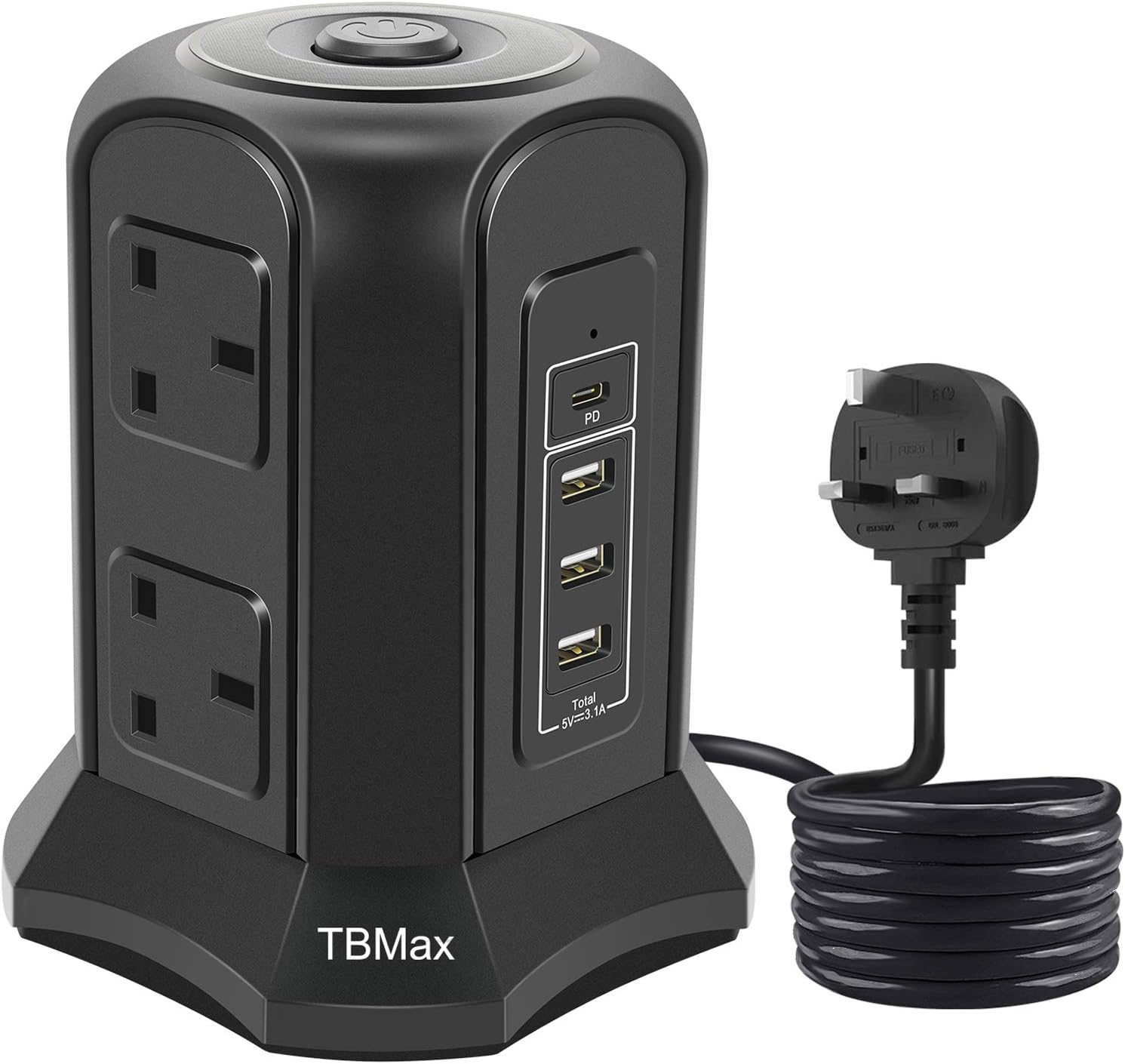 Tower Extension Lead, Vertical Power Strip with 6 sockets and 4 USB ...
