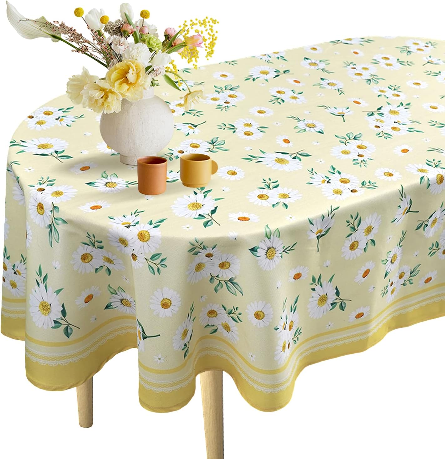 Amazon.com: Daisy Floral Oval Tablecloth 60 x 84, Yellow White Floral ...