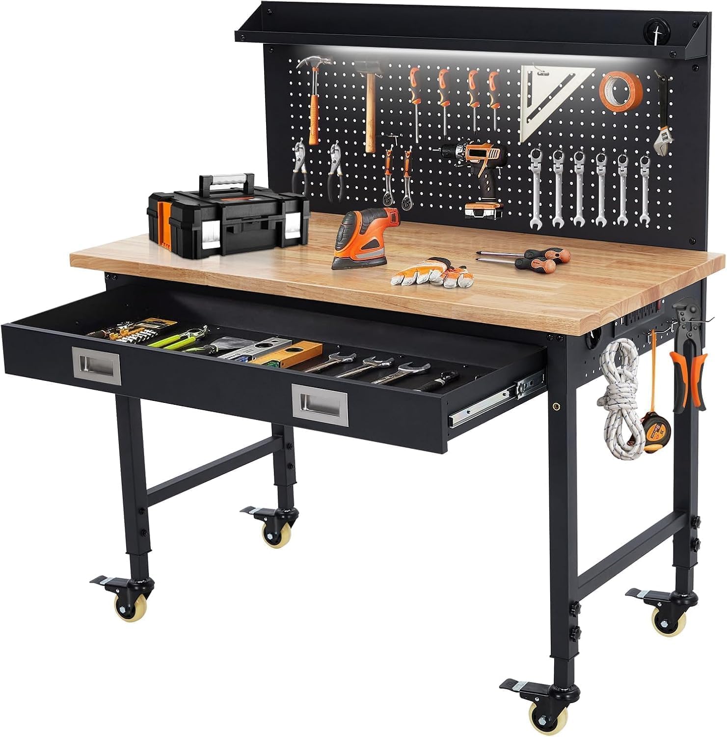 48" Work Benches for Garage, Adjustable Workbench with Wheels, Pegboard ...