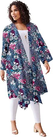 Roaman's Women's Plus Size Hanky Hem Kimono - 1X/2X, Dark Berry Paisley ...