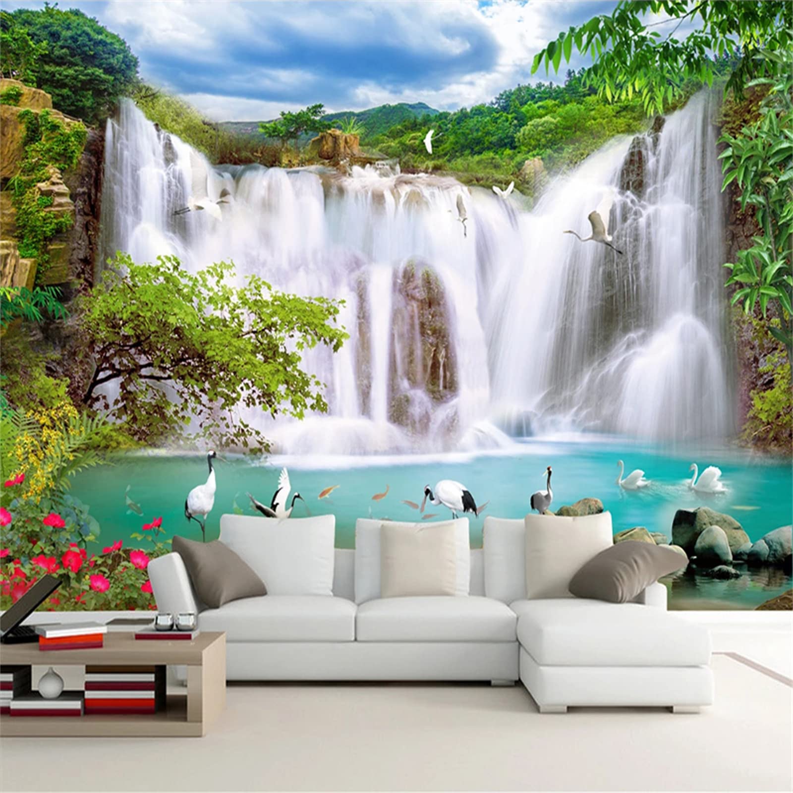 Amazon.com: 3D Large Waterfall Scenery Wallpaper Mural, Waterside Swan ...
