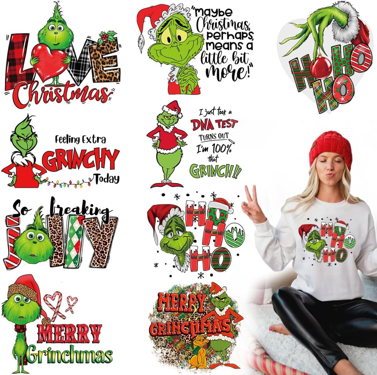 Amazon.com: 9Pcs Christmas Grinchs Iron on Transfers Winter Xmas Iron on Transfers for T Shirts ...