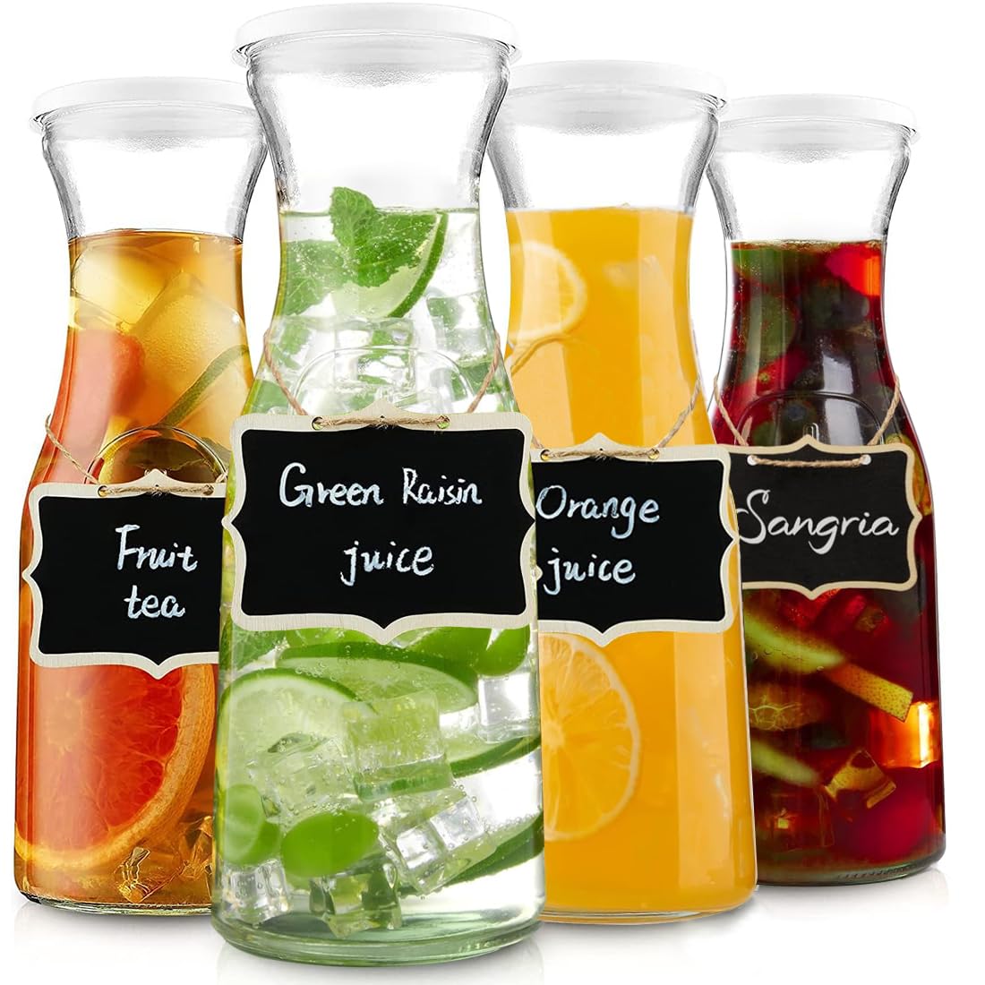 Set of 4 Glass Carafe with Lids, MUVKQC Glass Carafe Pitchers, 1 Liter ...