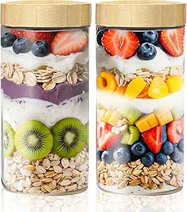 Amazon.com: 24oz Overnight Oats Containers with Bamboo Lids, Glass Jars with Airtight Lids, Wide ...