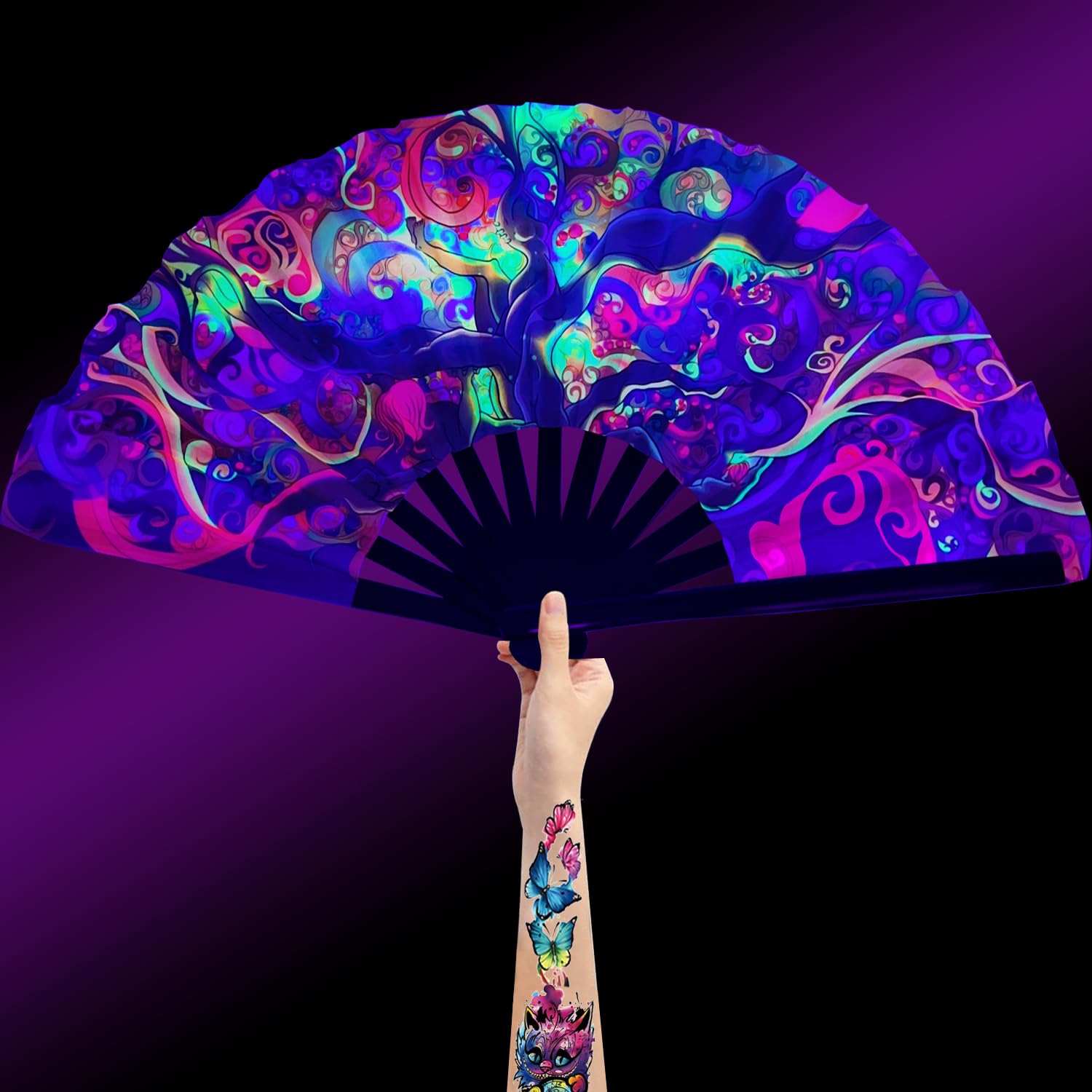 Amazon.com: MFLUEEWR UV Glow Large Rave Bamboo Folding Clack Hand Fan ...