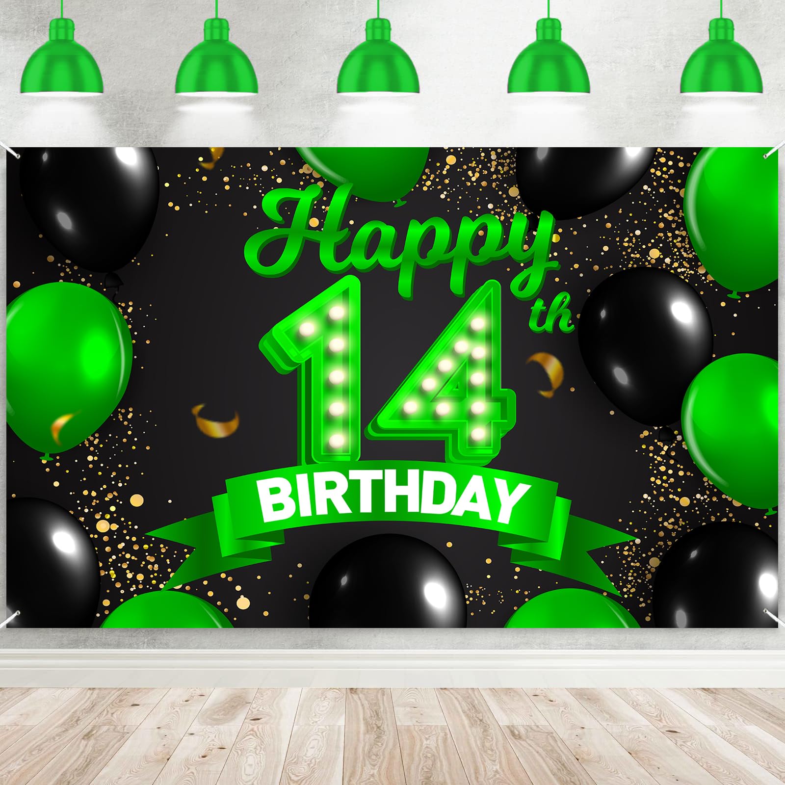 Amazon.com: Happy 14th Birthday Green and Black Banner Backdrop Cheers ...
