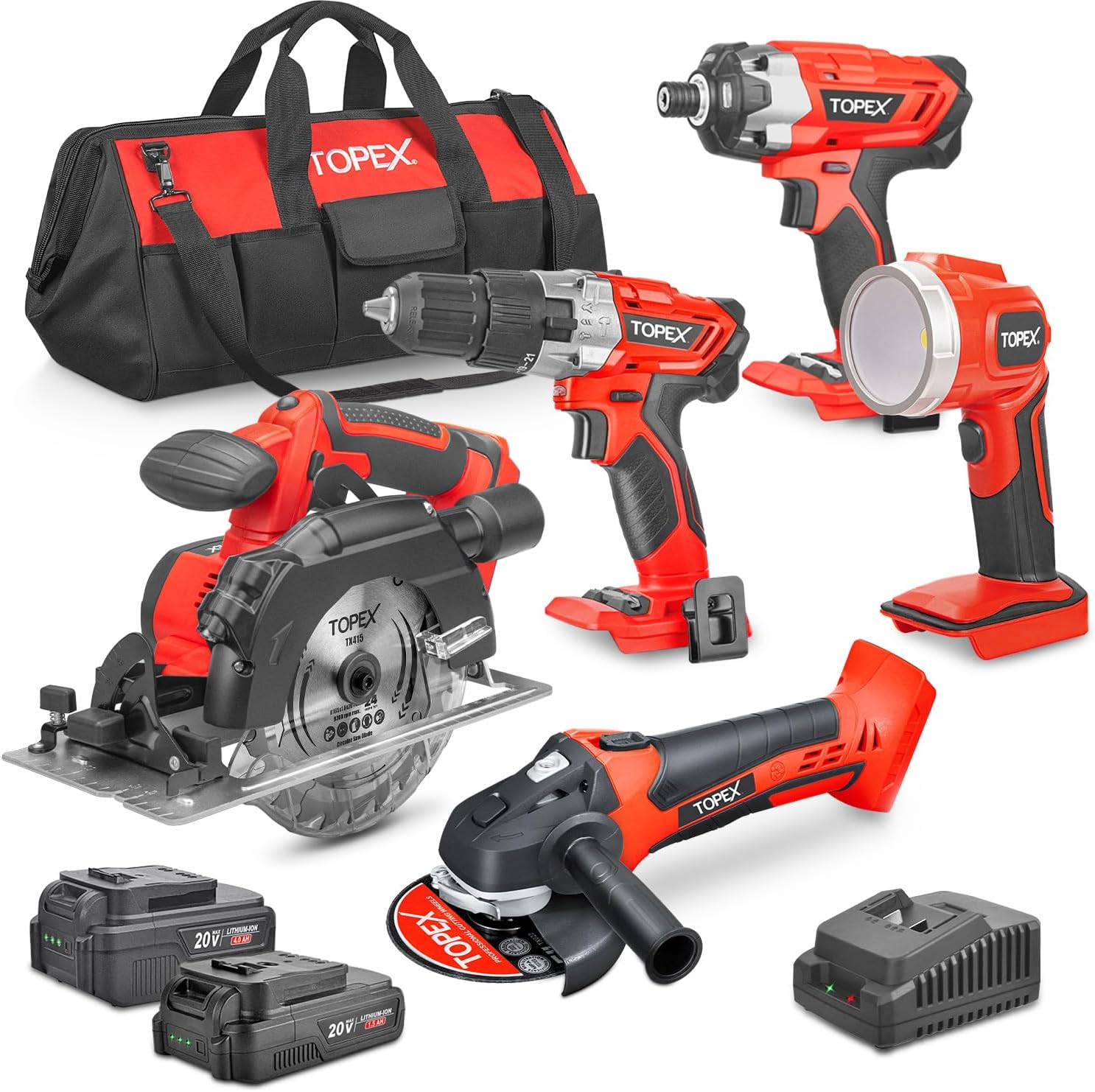 TOPEX 20V Power Tools 5 Piece Combo Kit: Cordless Hammer/Drill Driver ...