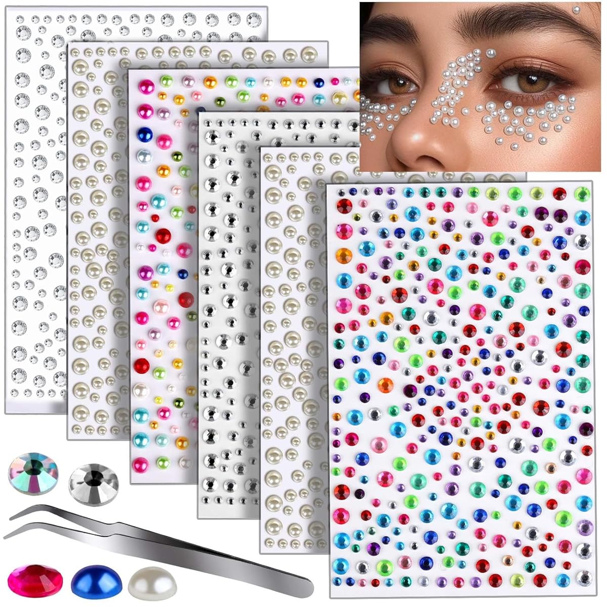 MAYCREATE® Face Rhinestone Stickers, 6 Sheets Pearl Nail Stickers for ...