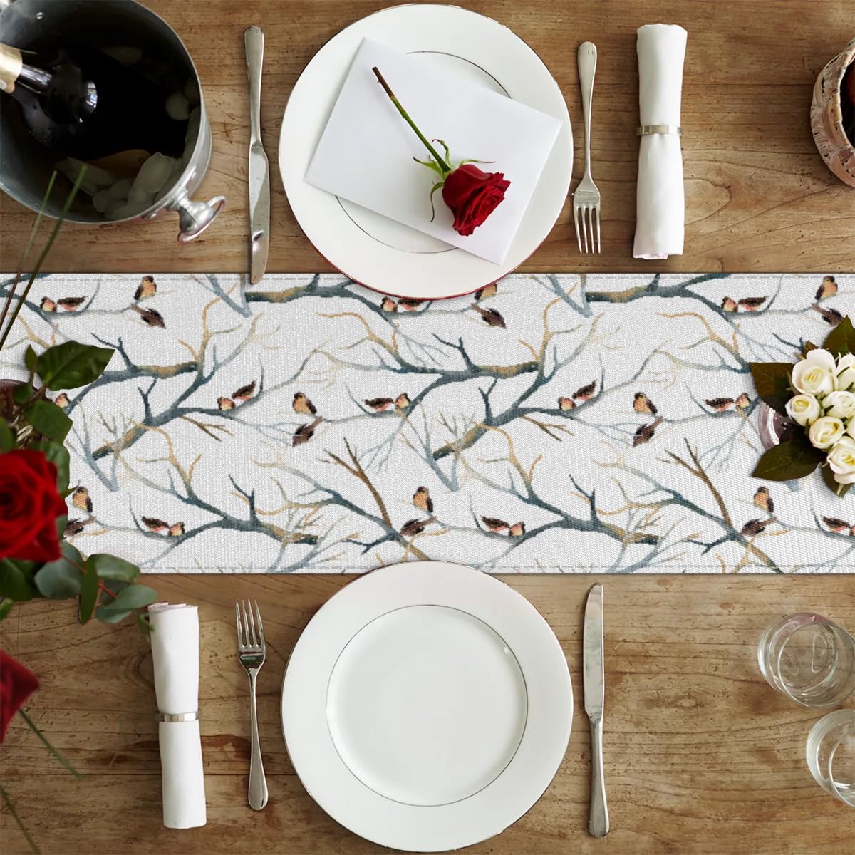 Amazon.com: Birds Table Runner, Bird on Tree Branches Table Runners for ...