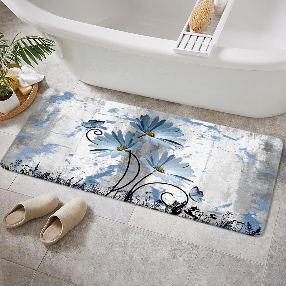 Amazon.com: Rustic Farmhouse Bath Rug, Farm Blue Grey Daisy Floral ...