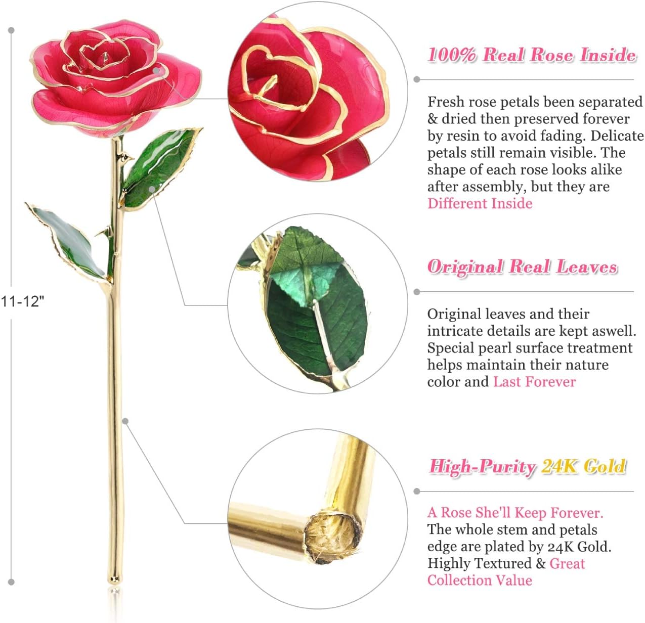 24K Gold Plated Rose 11.5 Inches Forever Preserved Real Rose Flower for ...