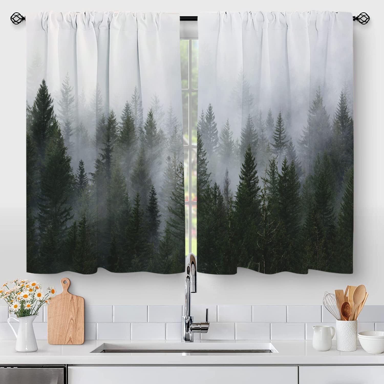 Amazon.com: ORTIGIA Misty Forest Kitchen Curtains for Bedroom Living ...