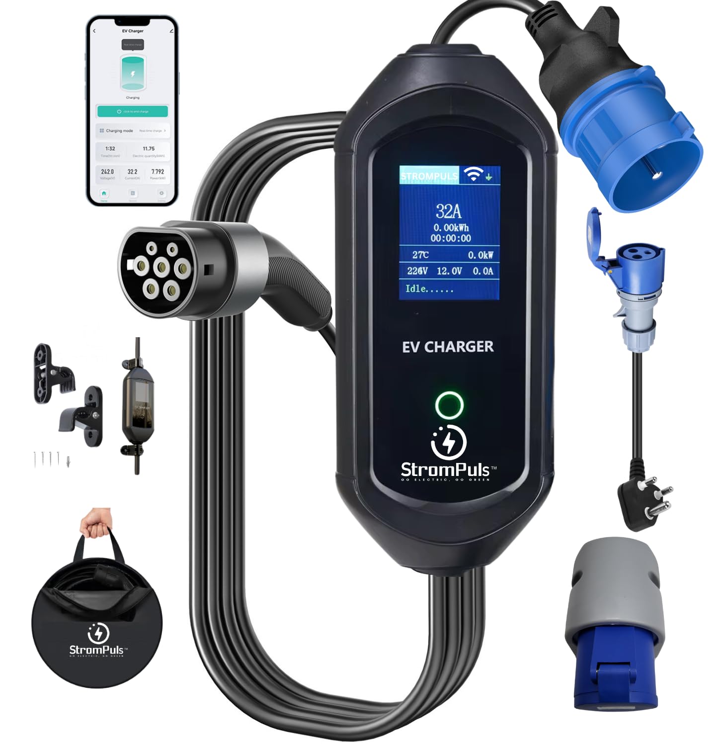 StromPuls 7.2 kW Portable EV Charger, Smart App, 1 Phase, 2.6inch Large ...