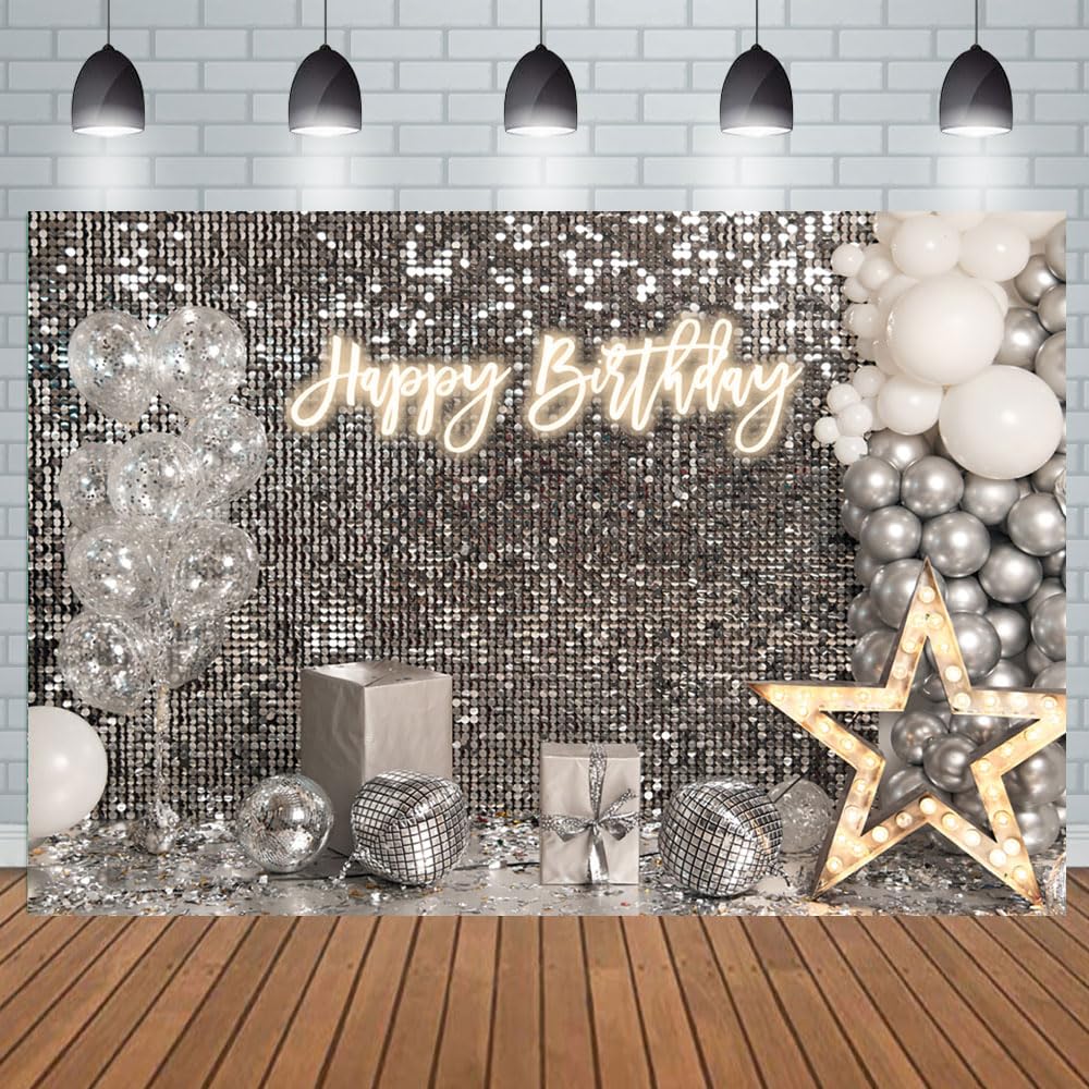 Amazon.com : Aperturee 7x5ft Silver Shimmer Wall Happy Birthday ...