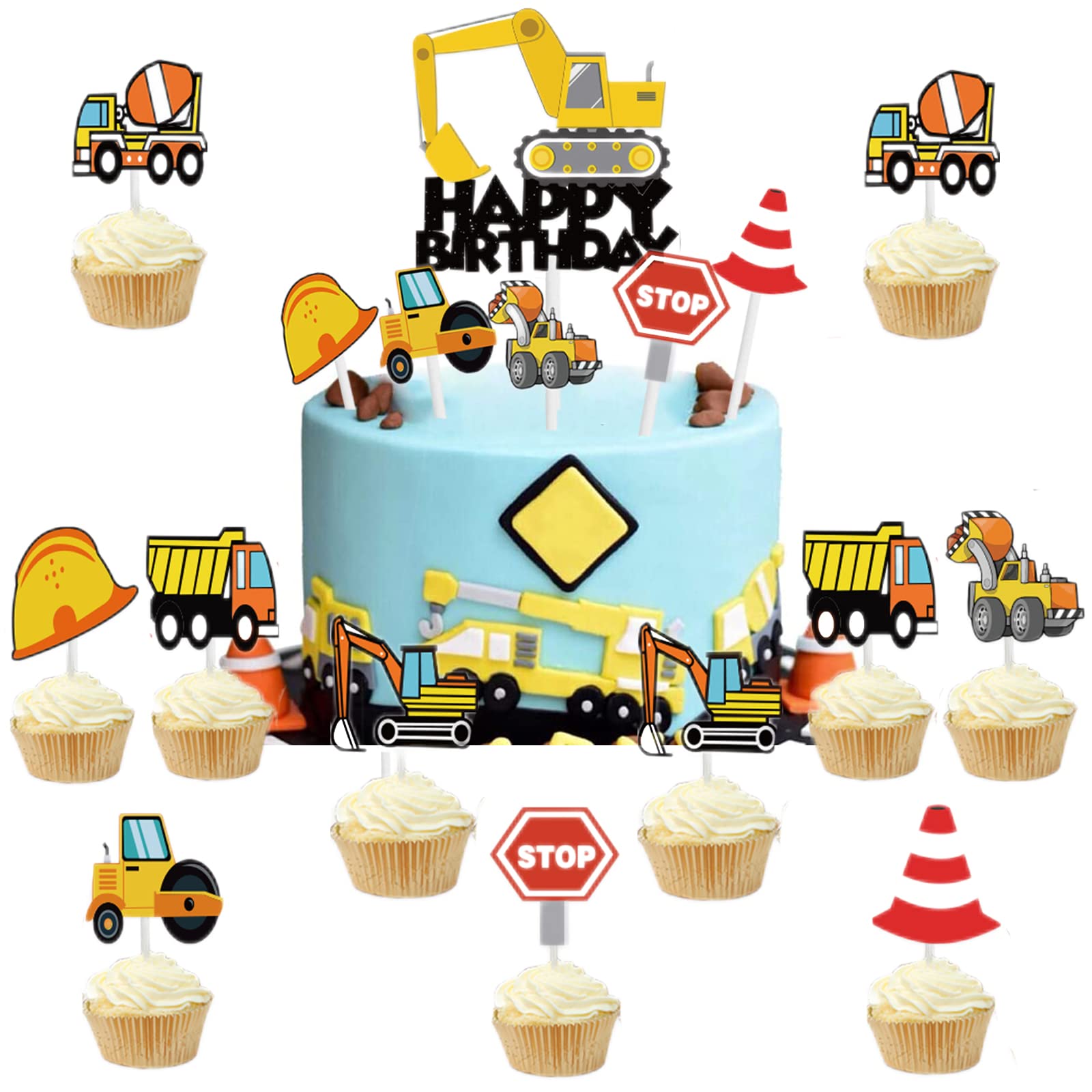 Engineering Vehicle Cake Toppers For Boys 17pcs Excavator Happy ...