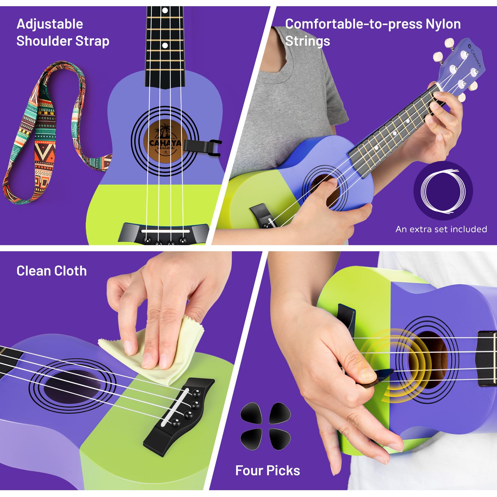 Ukulele Starter Kit CAHAYA 21-Inch Soprano Ukulele Beginner Kit ...