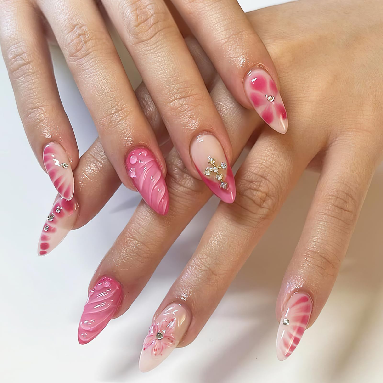 Amazon.com: Jremg Pink Press on Nails Medium Almond Fake Nails with ...