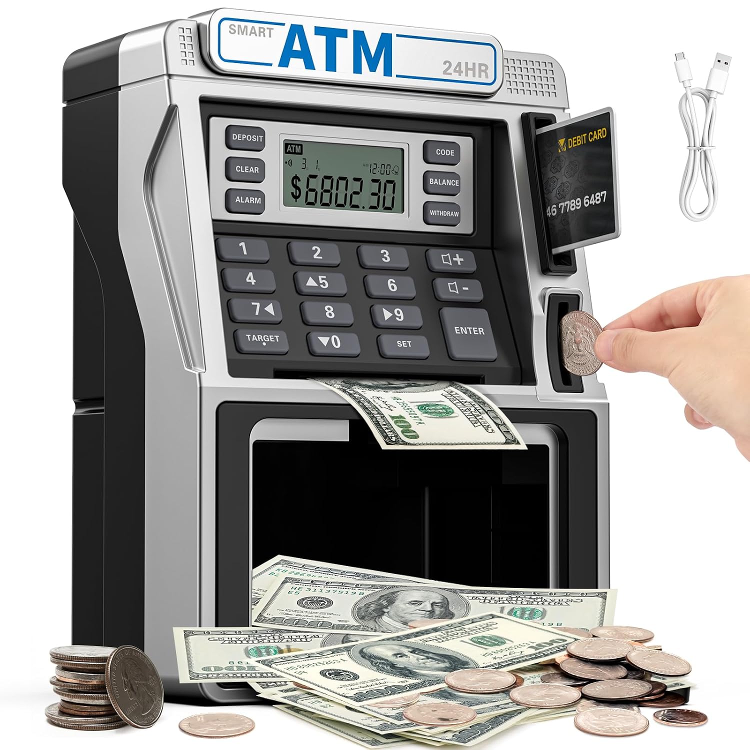 ATM Piggy Bank for Kids, Power-Off Memory for Real Money Safe with ...
