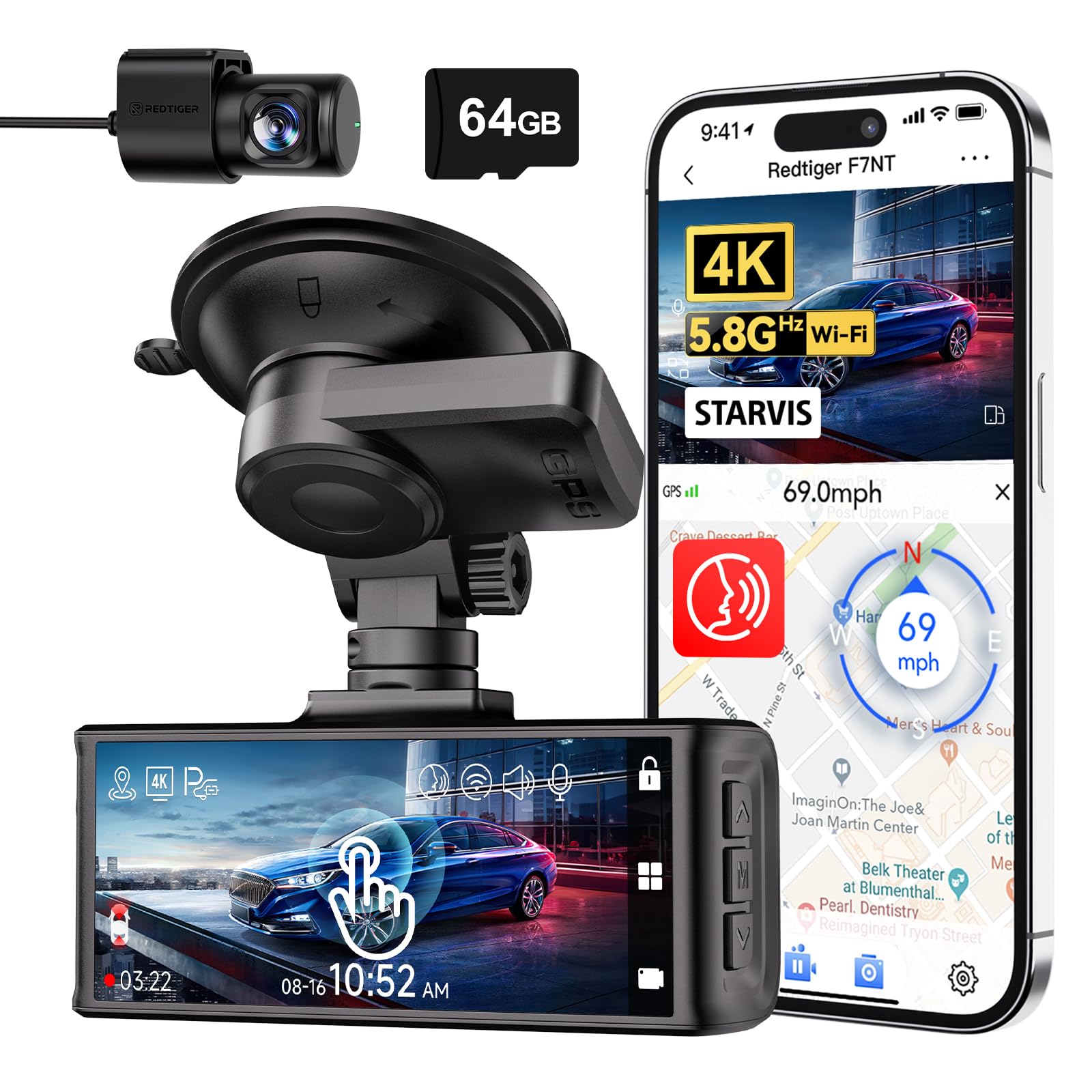 REDTIGER 4K Dash Cam Front and Rear, Touch Screen 3.18 Inch, Voice ...