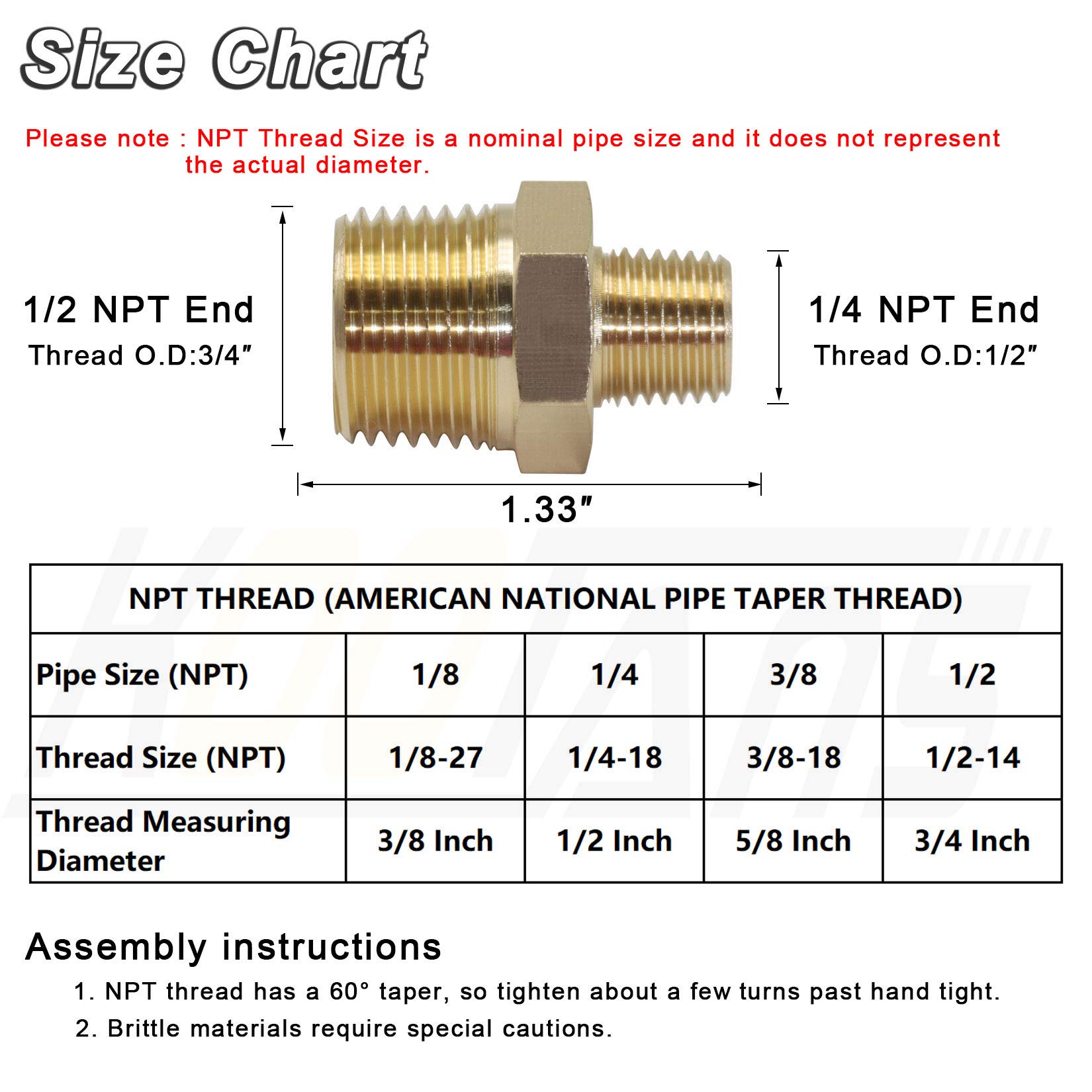 KOOTANS 1/2 NPT Male x 1/4 NPT Male Solid Brass Nipples, Heavy Brass ...