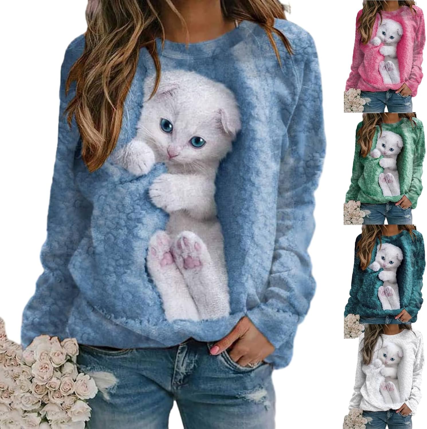 EsaSam Cat Sweatshirts for Women,3D Cute Cat Print Sweatshirt Long ...
