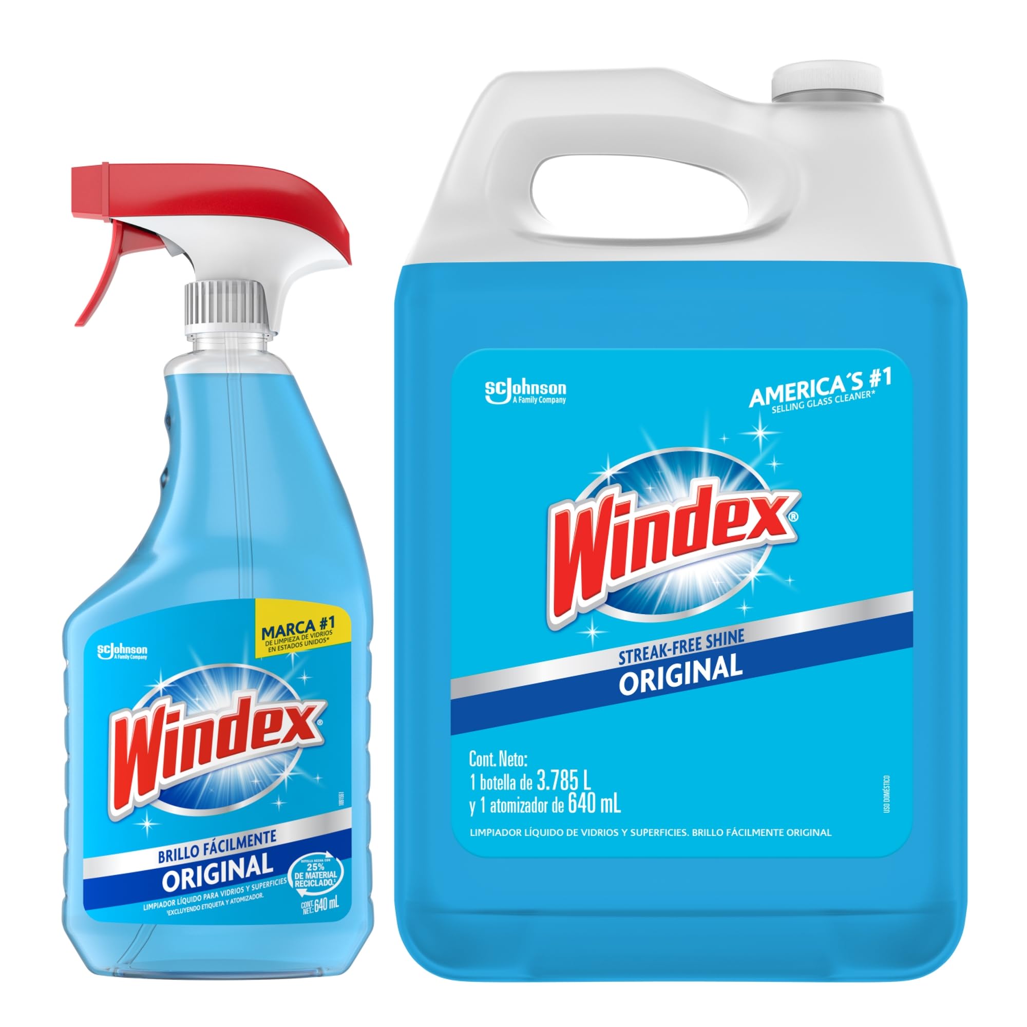 Windex Brillo Fácilmente Original, Limpiador Liquido de Vidrios y Superficies, Kit 1 Galon y 1 ...