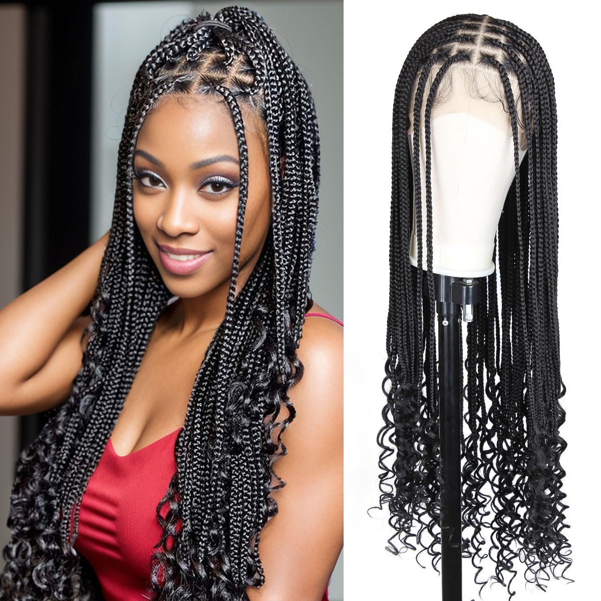 Amazon.com : POUWENEY 32 inch 13x8 HD Lace Braided Wigs with Curly End ...