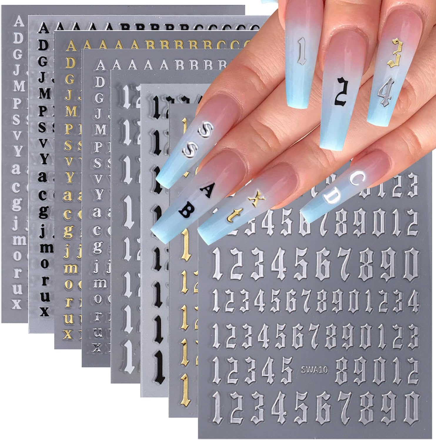 Amazon.com: 8 Sheets English Alphabet Number Nail Art Stickers Letters ...