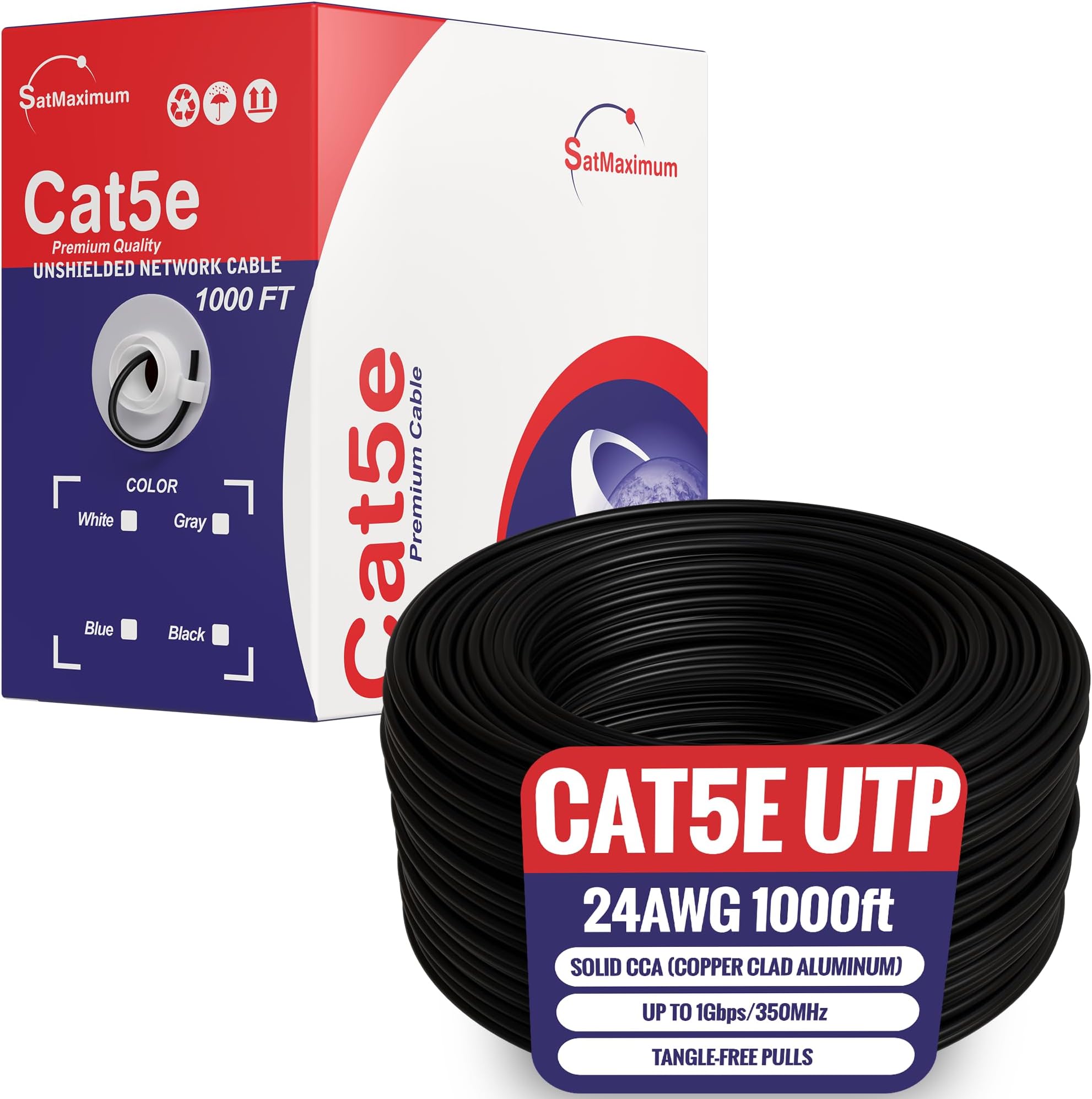 Amazon.com: 1000ft Cat5e Solid 24AWG Cable UTP Cat5 Bulk Pull Box ...