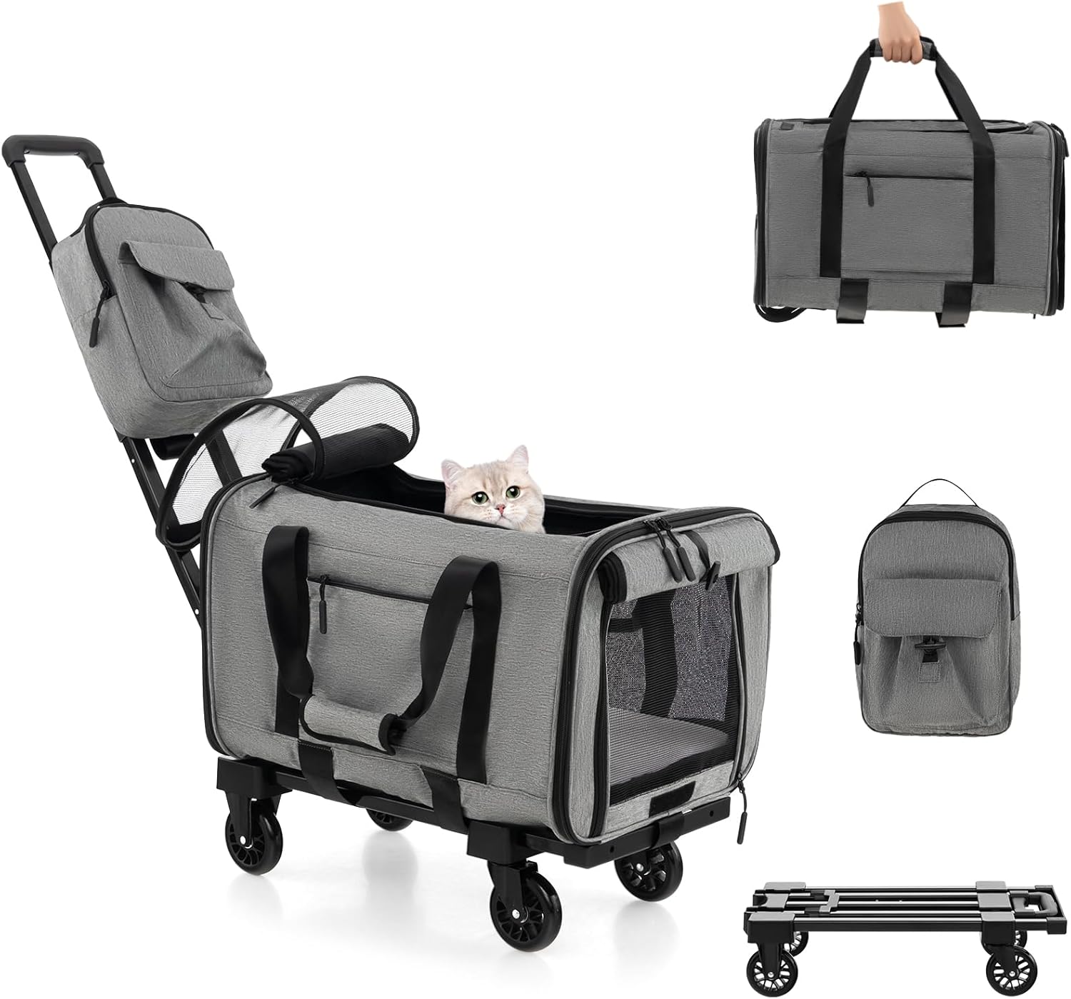 Amazon.com : PETSITE 3-in-1 Cat Carrier with Wheels, Large Rolling Cat ...