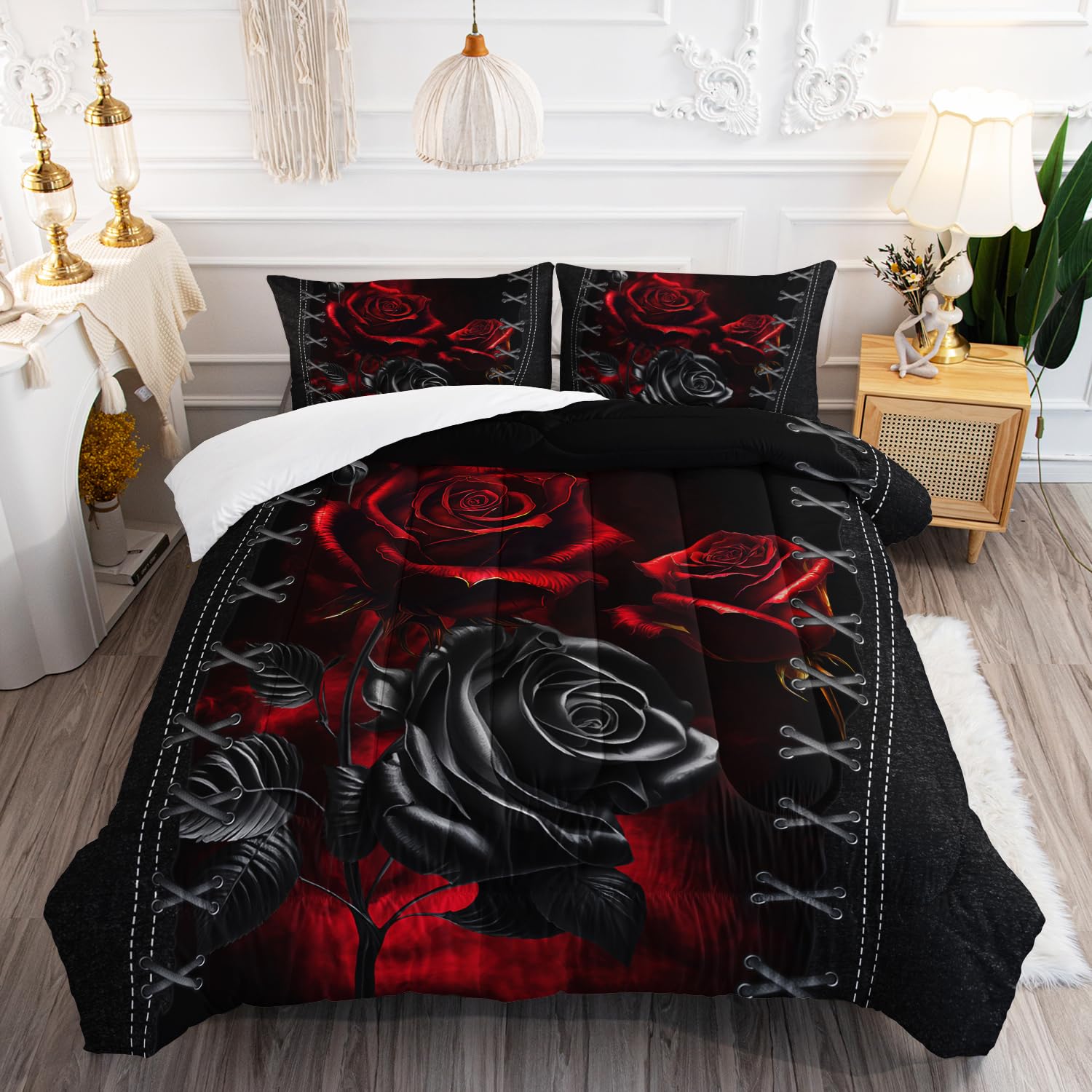 Amazon.com: AILONEN Red Rose Comforter Set Twin Size, 3D Red Floral ...
