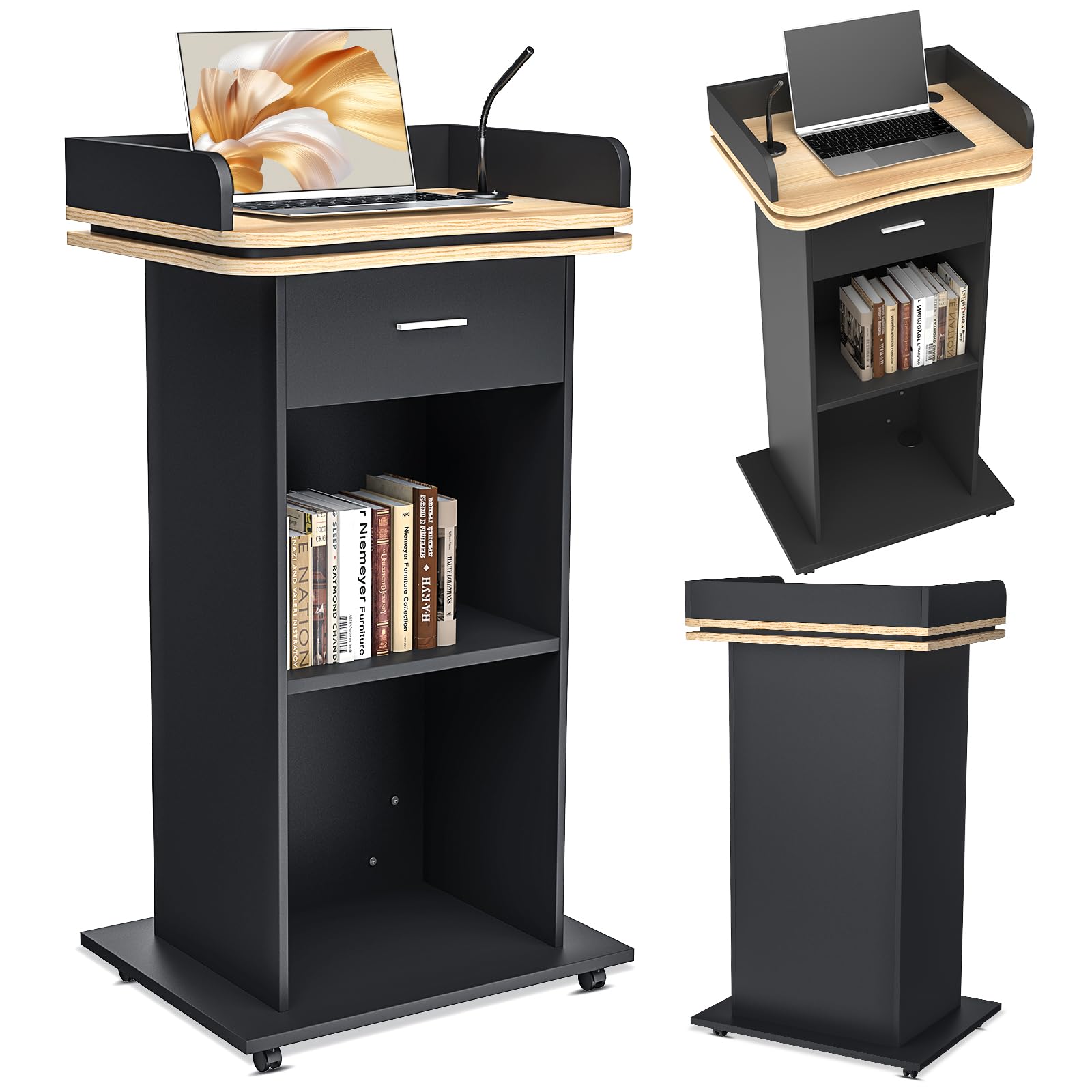Amazon.com : Wooden Lectern Podium, Wooden Podium with Lockable Wheels ...