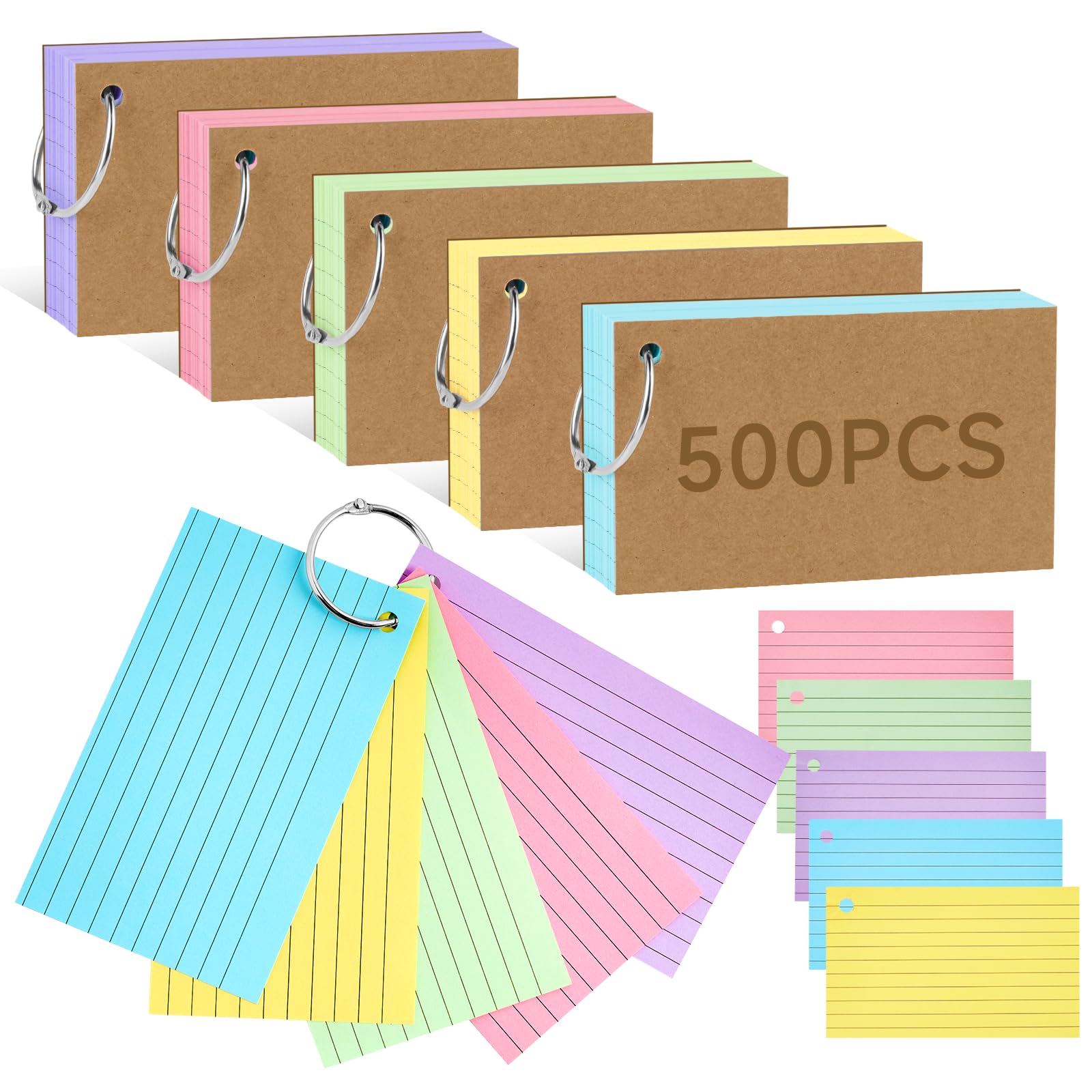 Buy 500Pcs Index Cards, 3 x 5 Inches Colored Flash Cards with Rings ...