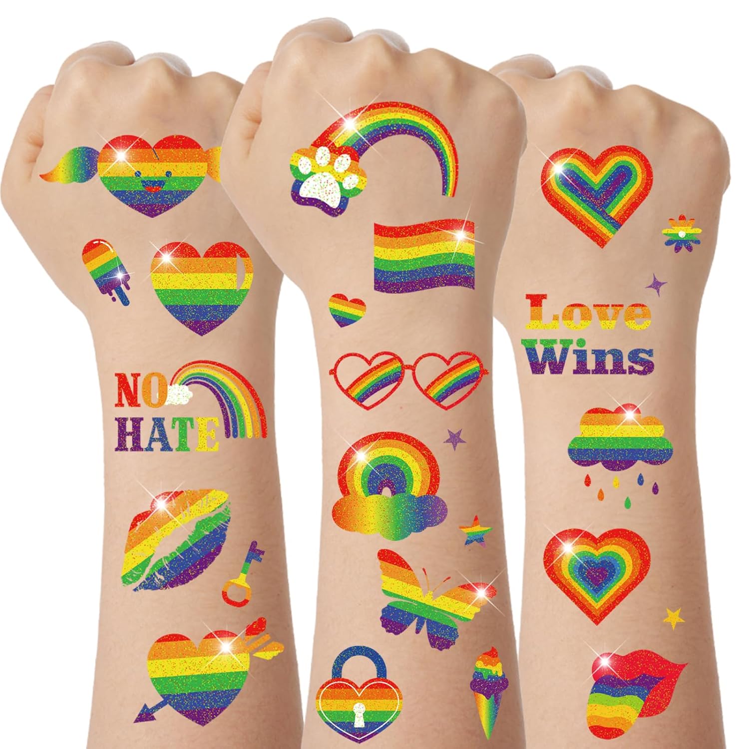 Amazon.com : 154 Pcs Glitter Pride Rainbow Temporary Tattoos - Glitter ...