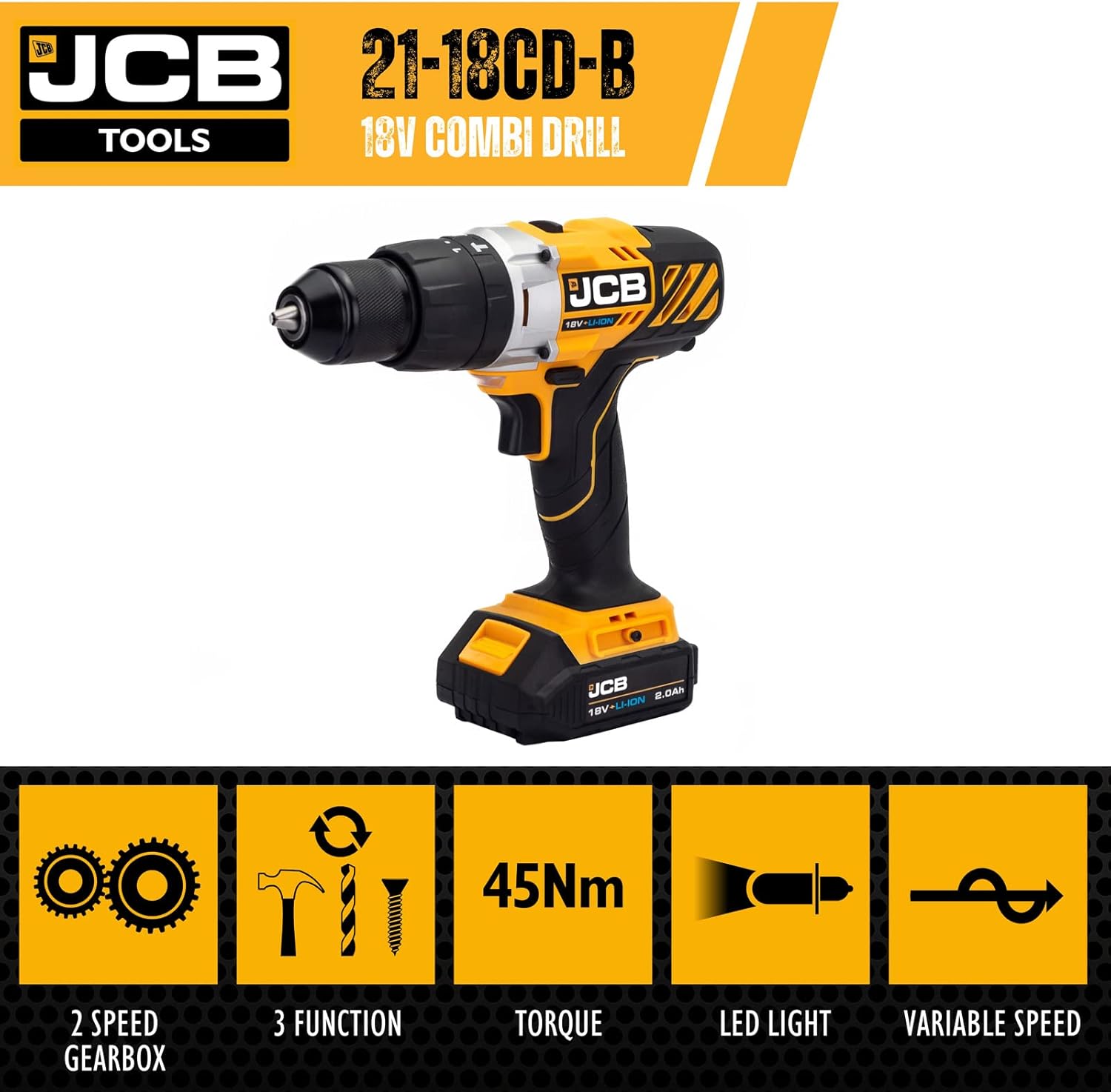 JCB 18V Cordless Combi Dril, 2.0ah Battery & Fast Charger, Variable ...