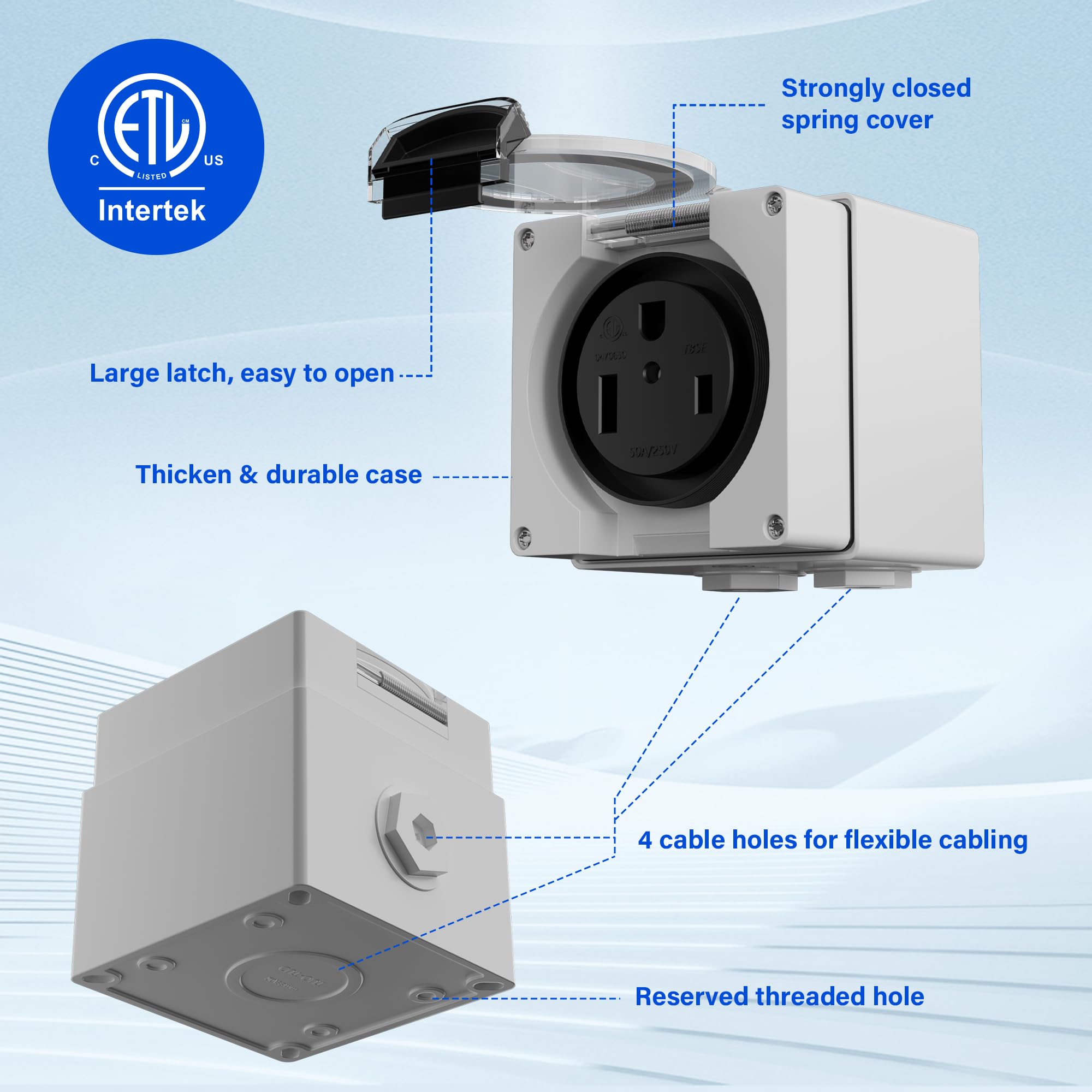 Snapklik.com : 50 Amp Power Outlet Box, NEMA 6-50R Receptacle, 250V Heavy-Duty Outdoor Dustproof ...