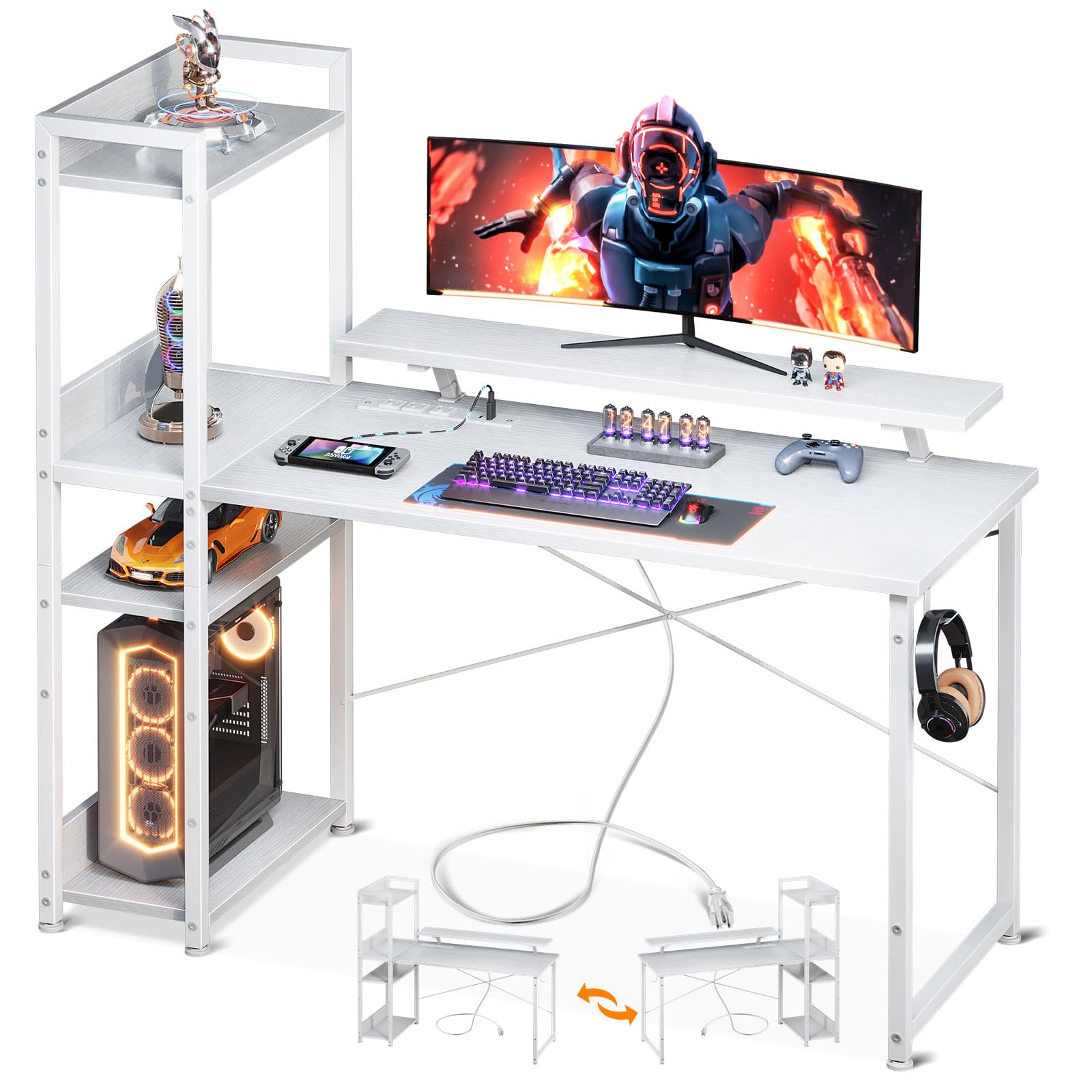 ODK Reversible Gaming Desk with Power Outlets & USB Charging Port, 48 ...