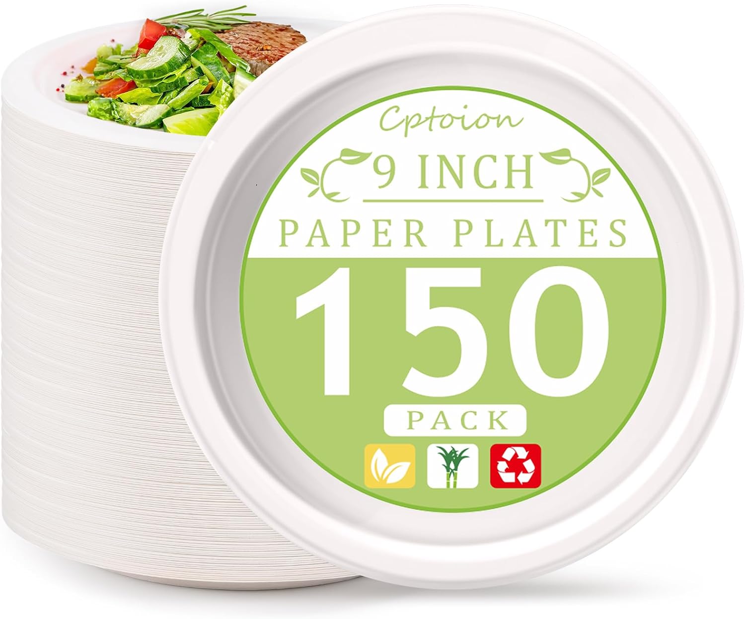 Amazon.com: Cptoion Paper Plates 9 inch,150 Pack Compostable Paper ...