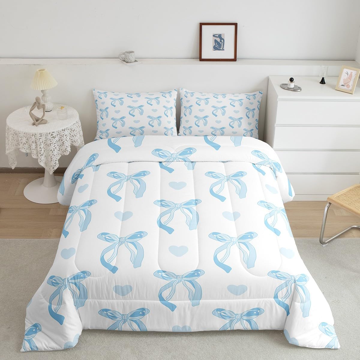 Amazon.com: jejeloiu Cute Blue Bow Bedding Set Twin Size Ribbon Bow ...