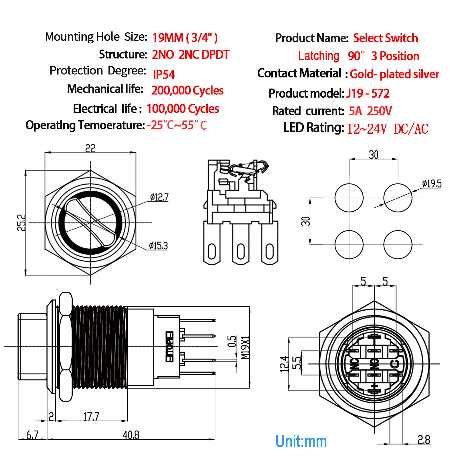 Snapklik.com : Rotary Switch 3 Position 12V-24VDC/AC 19mm 3/4" RED LED ...