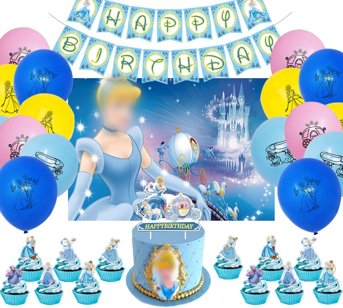 Amazon.com: Blue Princess Birthday Party Supplies Set,Including Happy ...