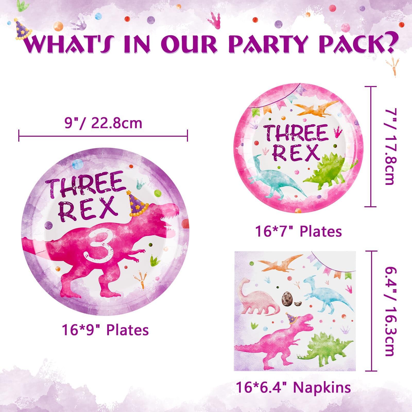 Snapklik.com : Three Rex Birthday Decorations - 48 PCS 3rd Plates And ...