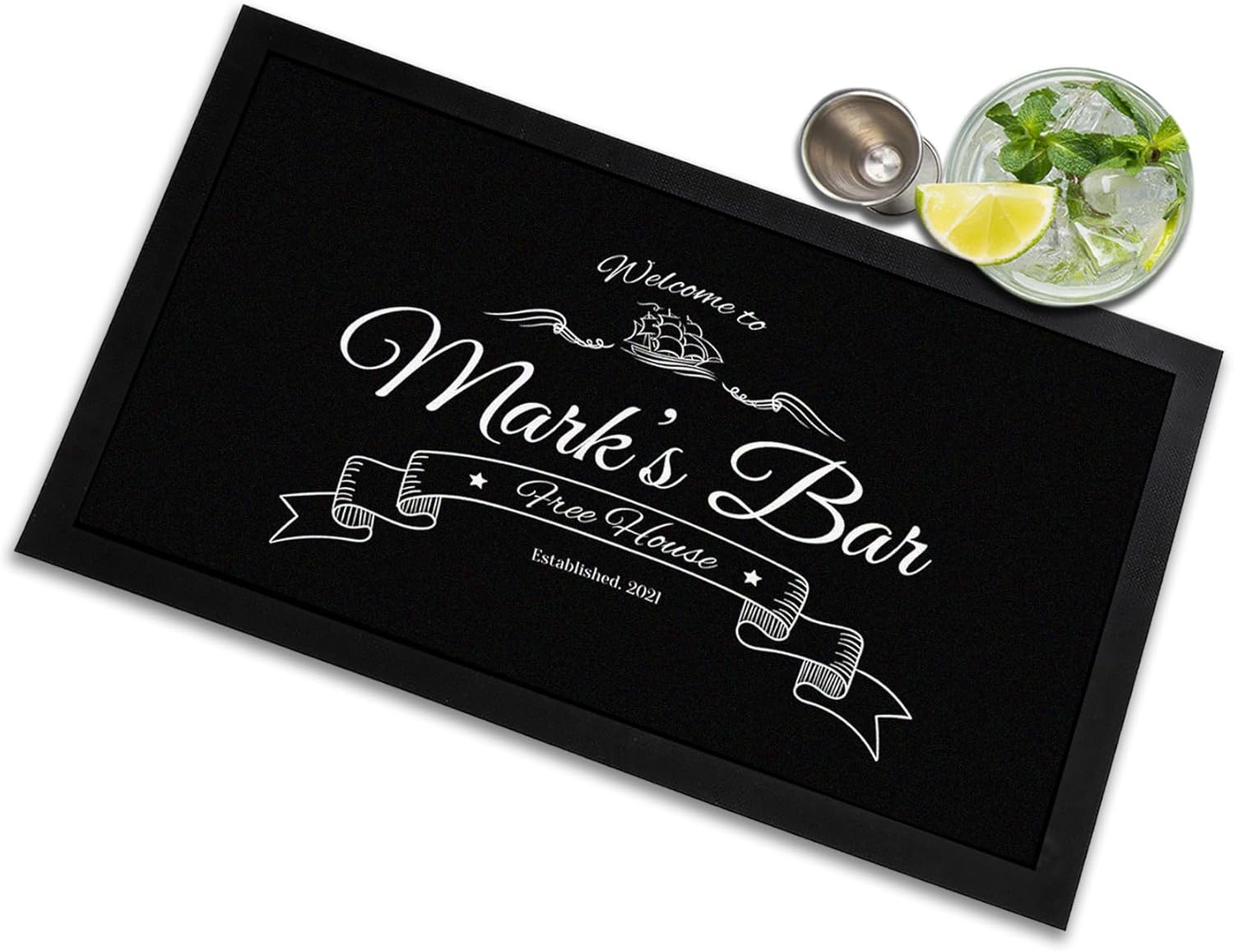 Personalised Bar Runner Mat - welcome black pub mat - custom home bar ...