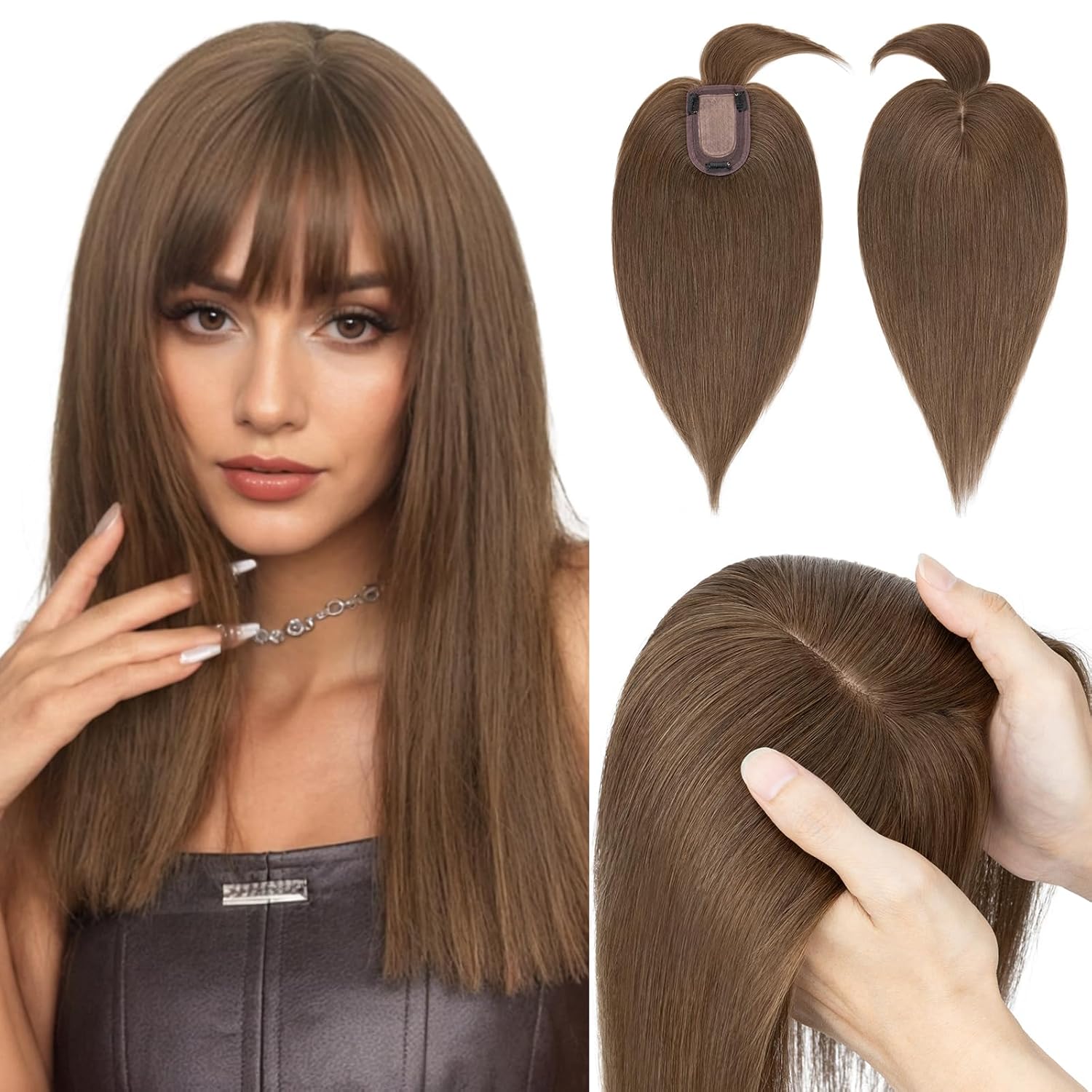 Amazon.com : Hairro Human Hair Toppers with Bangs, 3D 360° Cover with 2 ...