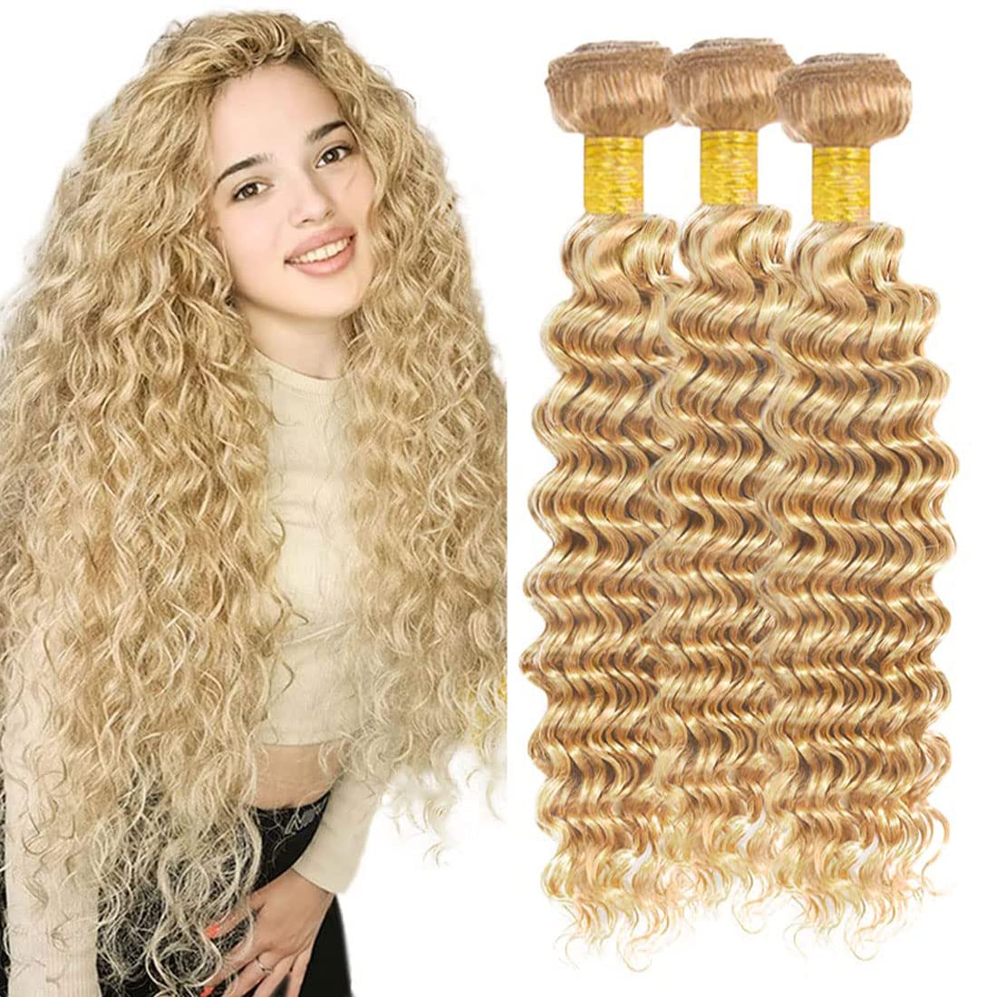 Amazon.com : GzorOuzr P27/613 Human Hair Bundles Highlight Deep Wave ...