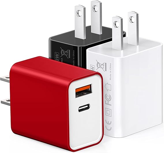 Amazon.com: 3 Pack 20W PD USB Charger, Dual-Port USB-C Wall Charger ...